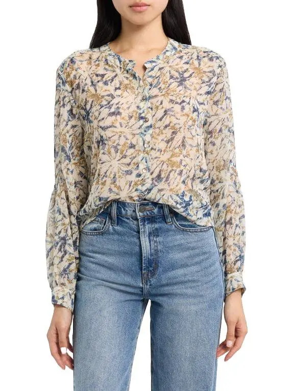 NIC+ZOE Bloomsbury Chiffon Band Collar Button-up Shirt - Neutral Multi
