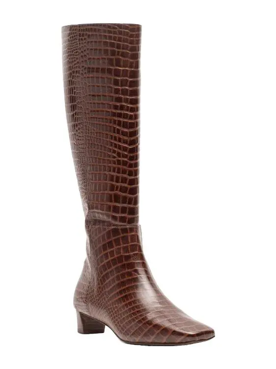 FRANCES VALENTINE Mackie Croc Embossed Leather Knee High Boots - Chocolate
