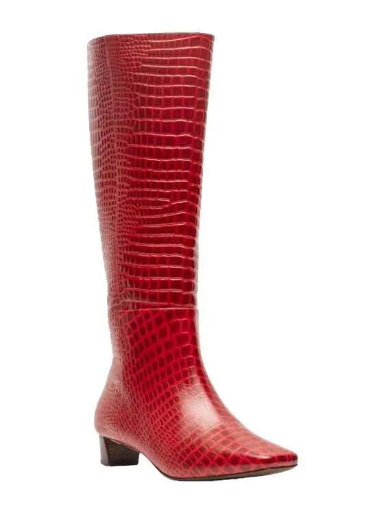 FRANCES VALENTINE Mackie Croc Embossed Leather Knee High Boots - Red