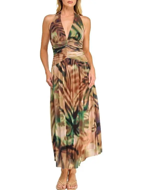 SOCIALITE Abstract Print Mesh Halter Maxi Dress - Tan/green