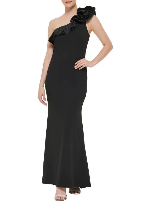 JESSICA HOWARD One Shoulder Ruffle Crepe Gown - Black
