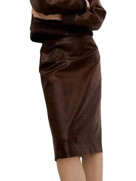 Mango Croc-embossed Faux Leather Midi Skirt - Brown