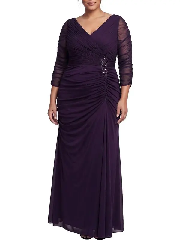 Alex Evenings Pleated Chiffon Gown - Eggplant
