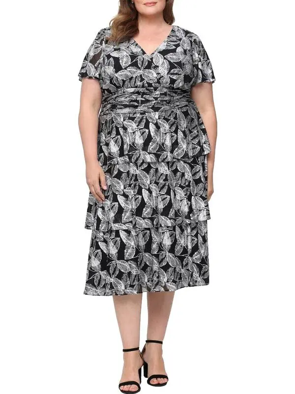 SL FASHIONS Tiered Tea Length Dress - Blk Sil
