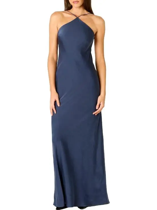 NIA Kelton Cowl Back Satin Gown - Grey Blue