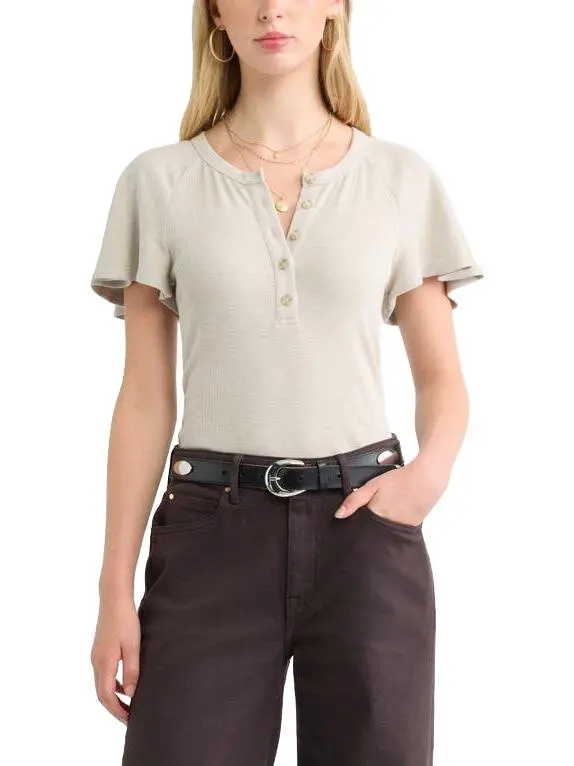 Treasure & Bond Flutter Sleeve Ribbed Henley - Beige Silver
