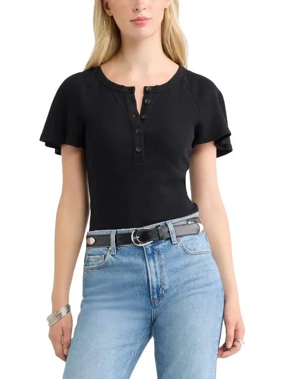Treasure & Bond Flutter Sleeve Ribbed Henley - Black