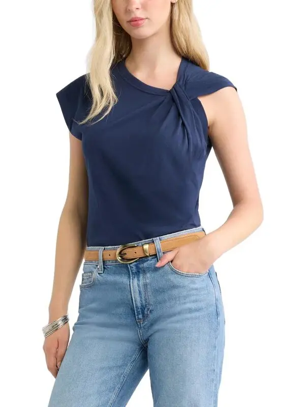 Treasure & Bond Asymmetrical Sleeve Twist Neck Cotton Top - Navy Still