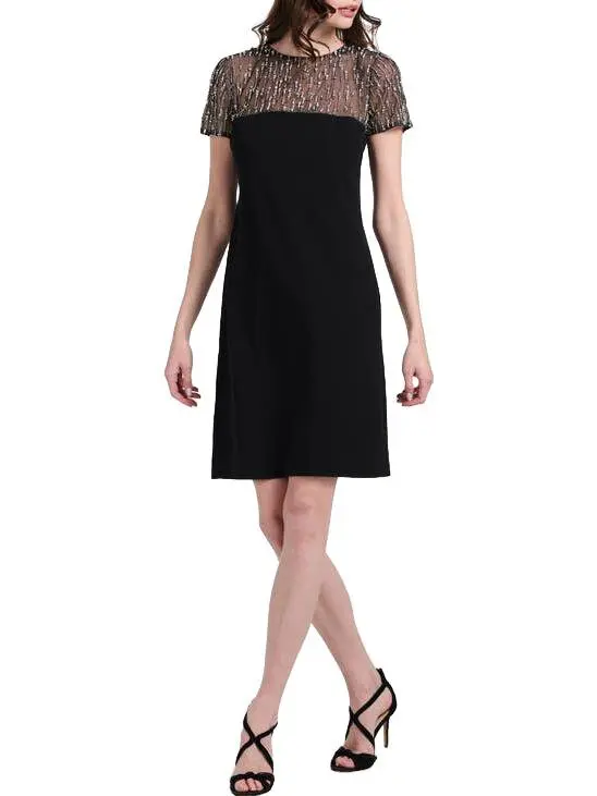 EMILY SHALANT Crystal Illusion Stretch Crepe Cocktail Dress - Black