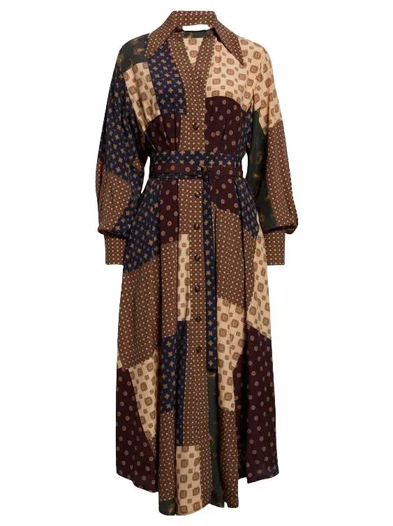 Zimmermann Patchwork Foulard Print Long Sleeve Midi Dress - Geo Patch Print