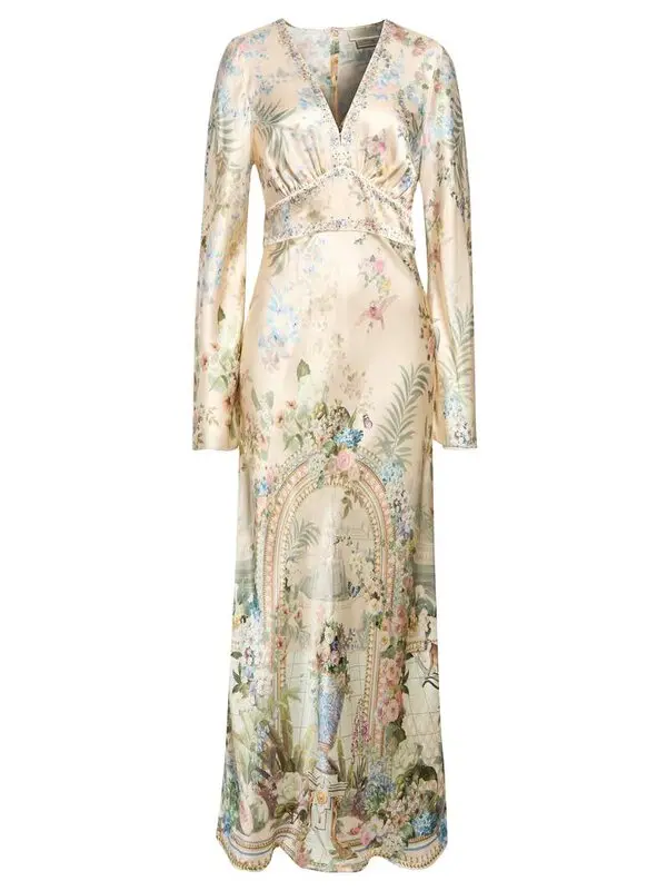 Camilla Crystal Embellished Floral Long Sleeve Silk Charmeuse V-neck Dress - Midsummer Masterpiece