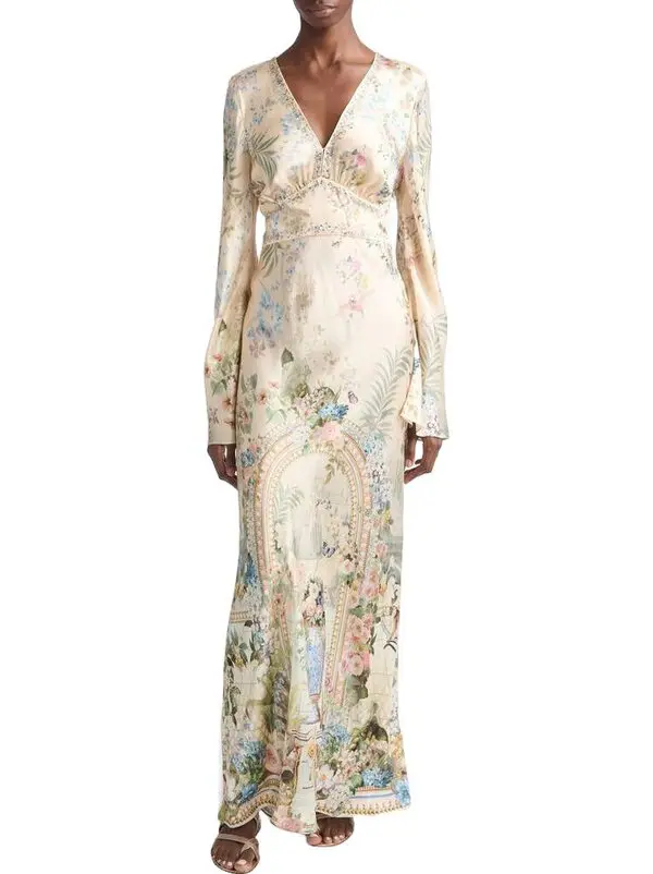 Camilla Crystal Embellished Floral Long Sleeve Silk Charmeuse V-neck Dress - Midsummer Masterpiece