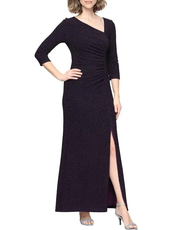 SL FASHIONS Metallic Knit Ruched Maxi Dress - Plum