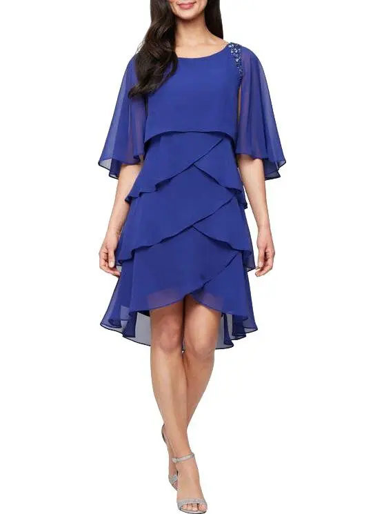 SL FASHIONS Beaded Tiered Chiffon Dress - Iris