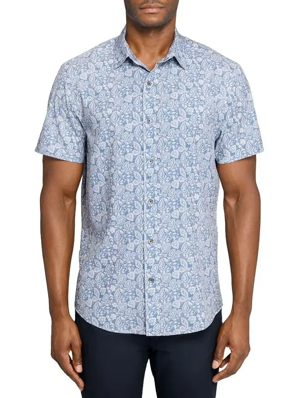W.R.K Slim Fit Antique Floral Short Sleeve Performance Button-up Shirt - White/blue