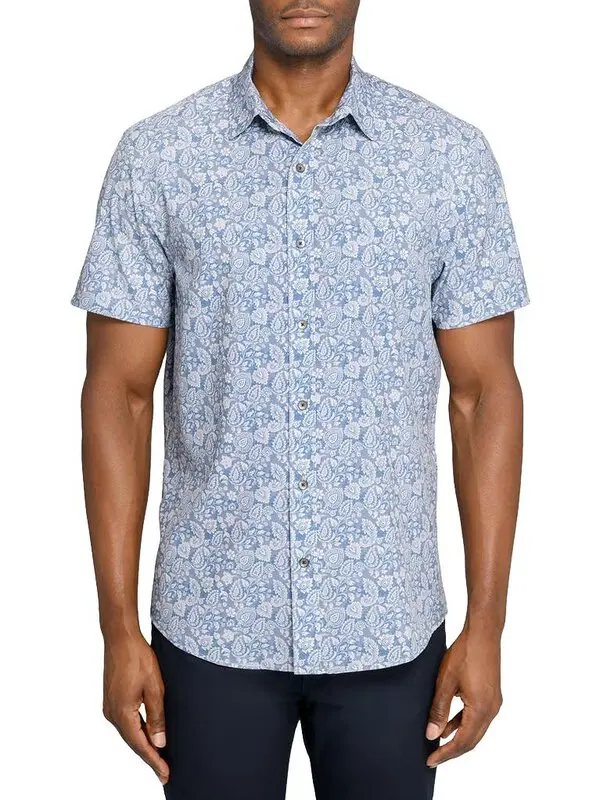 W.R.K Slim Fit Antique Floral Short Sleeve Performance Button-up Shirt - White/blue