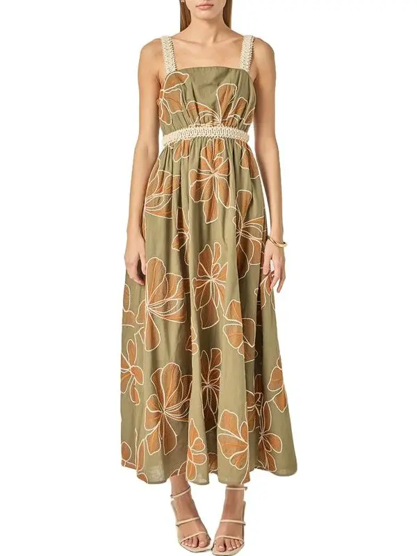 English Factory Embroidered Floral Waist Cutout Cotton Maxi Dress - Olive/cream