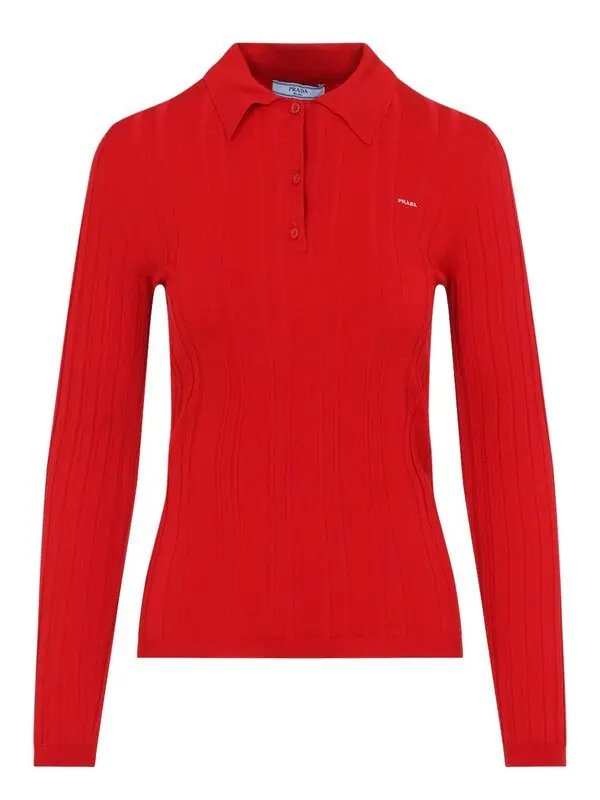 Prada Ribbed Long Sleeve Polo Shirt - Red