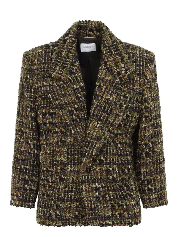 Saint Laurent Textured Wool Blend Tweed Blazer - Green