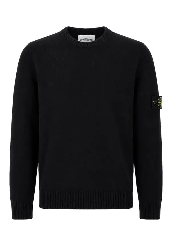 Stone Island Wool-blend Crewneck Sweater With Signature Sleeve Patch - Black