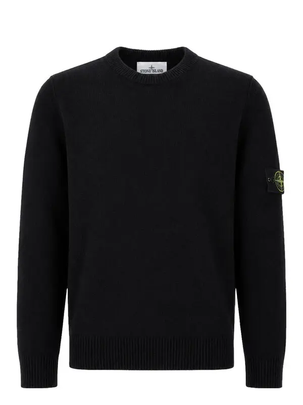 Stone Island Wool-blend Crewneck Sweater With Signature Sleeve Patch - Black