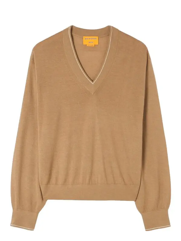 Guest In Residence Cashmere V-neck Sweater With Contrast Tipping And Ribbed Hems - Beige