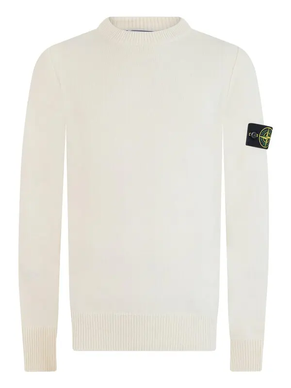 Stone Island Virgin Wool Crewneck Sweater With Sleeve Logo - White