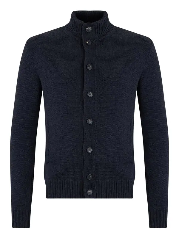 SLOWEAR Ribbed Collar Virgin Wool Cardigan - Black
