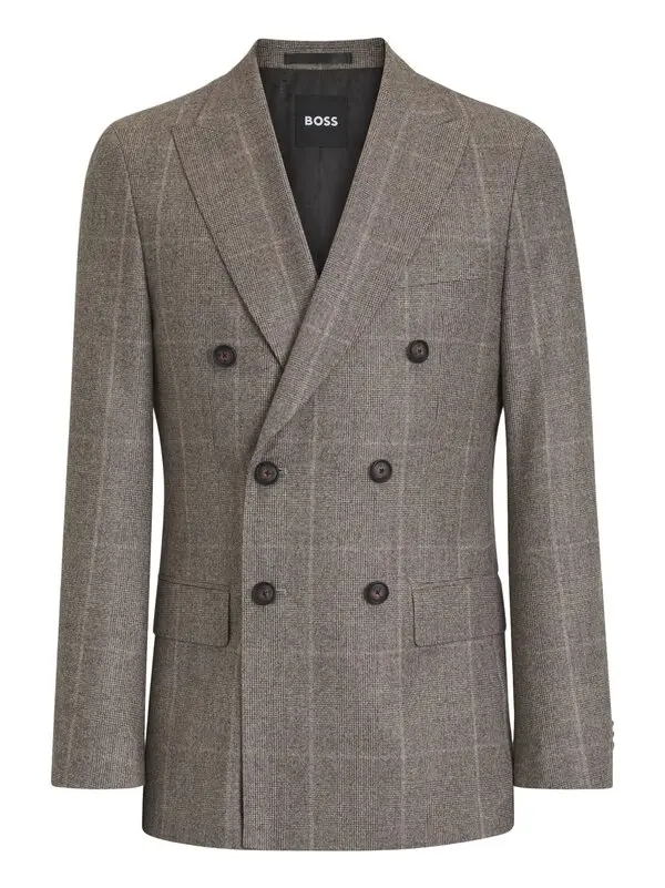 BOSS Virgin Wool Checked Double-breasted Jacket - Light Brown