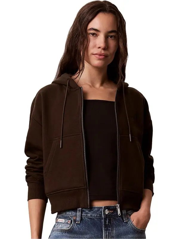 Calvin Klein Monogram Logo Fleece Zip Hoodie - Dark Coffee