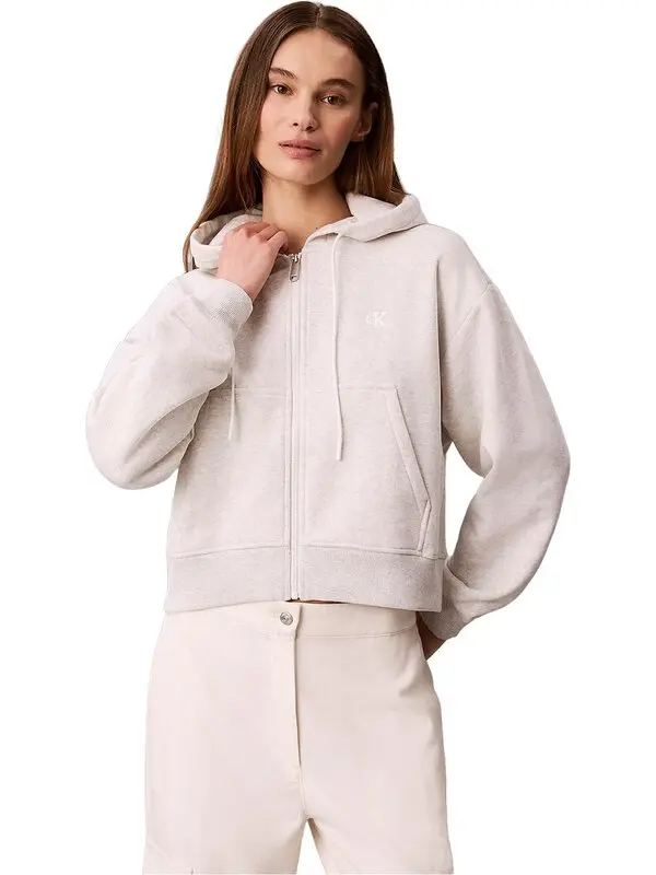 Calvin Klein Monogram Logo Fleece Zip Hoodie - Light Grey Heather