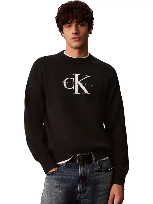 Calvin Klein Monologo Graphic Relaxed Fit Cotton Sweater - Black
