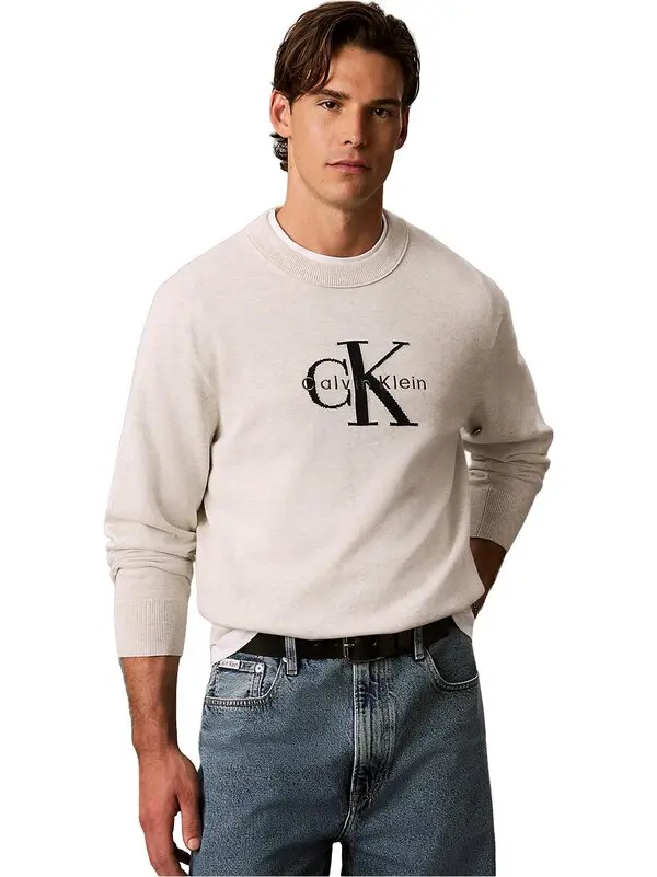 Calvin Klein Monologo Graphic Relaxed Fit Cotton Sweater - Snow Heather