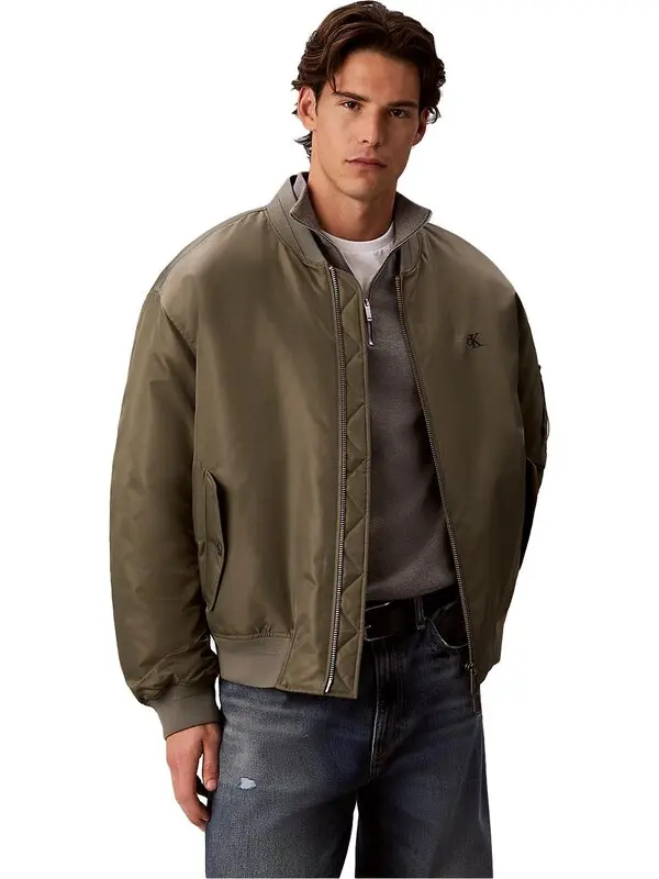 Calvin Klein Embroidered Monogram Nylon Bomber Jacket - Dusty Olive