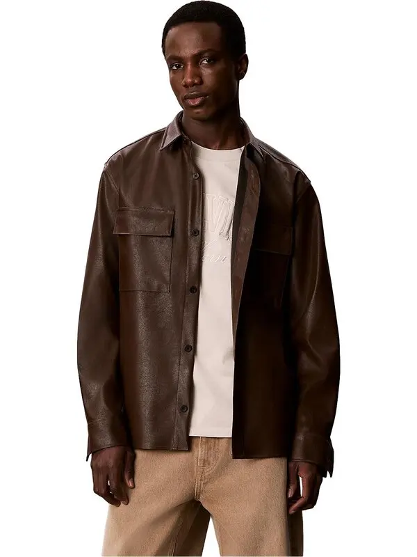 Calvin Klein Faux Leather Overshirt - Brown Cork