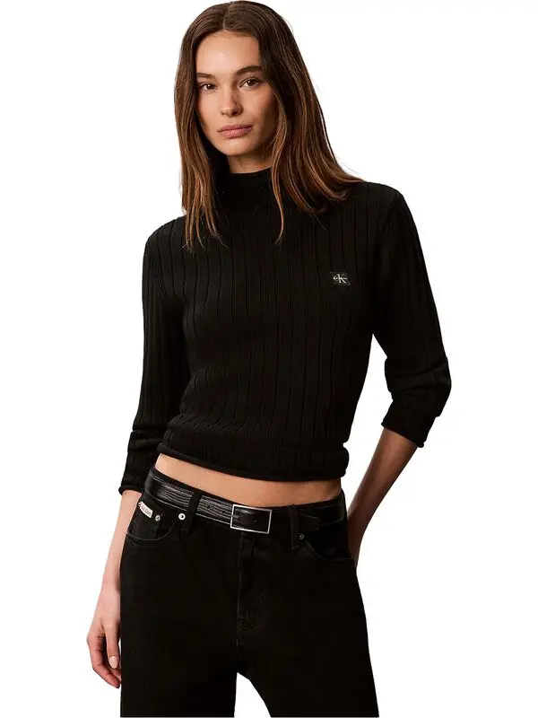 Calvin Klein Woven Monologo Turtleneck Sweater - Black