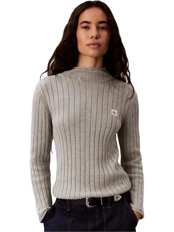 Calvin Klein Woven Monologo Turtleneck Sweater - Grey Heather
