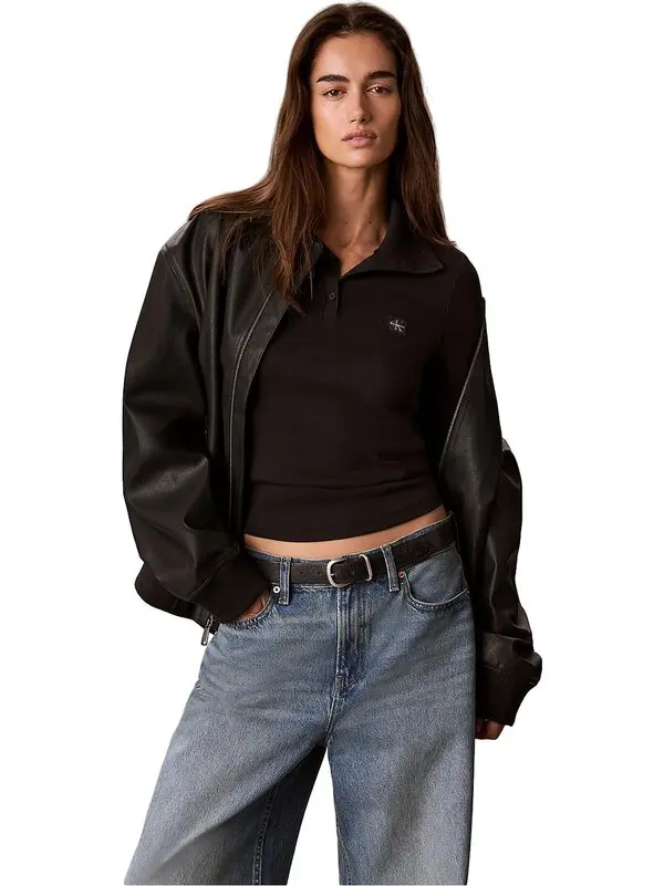 Calvin Klein Ribbed Knit Henley Turtleneck With Woven Monologo - Black
