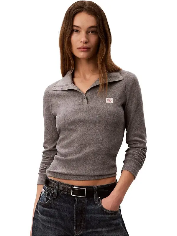 Calvin Klein Ribbed Knit Henley Turtleneck With Woven Monologo - Medium Grey Heather