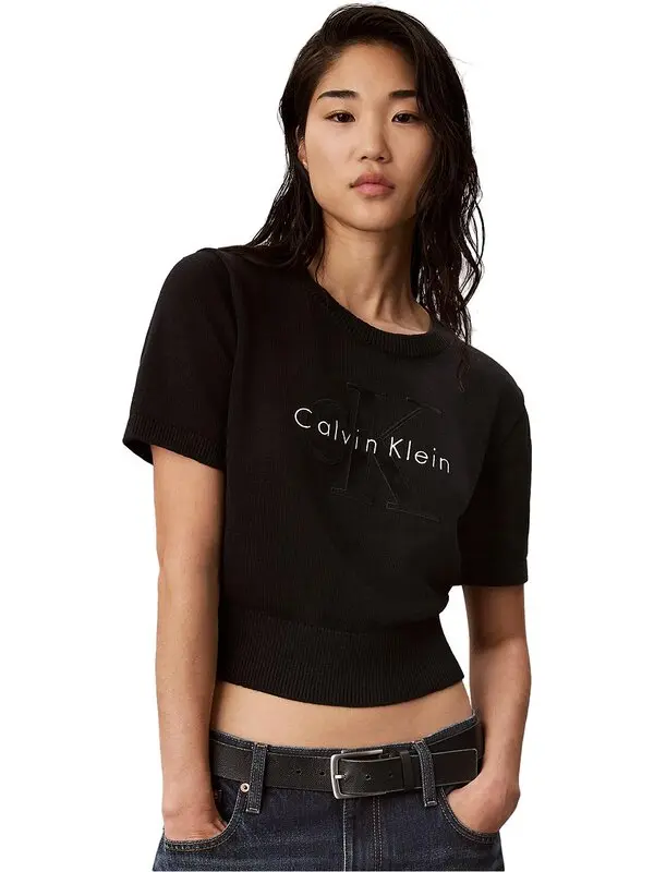 Calvin Klein Monologo Embroidered Short Sleeve Sweater - Black