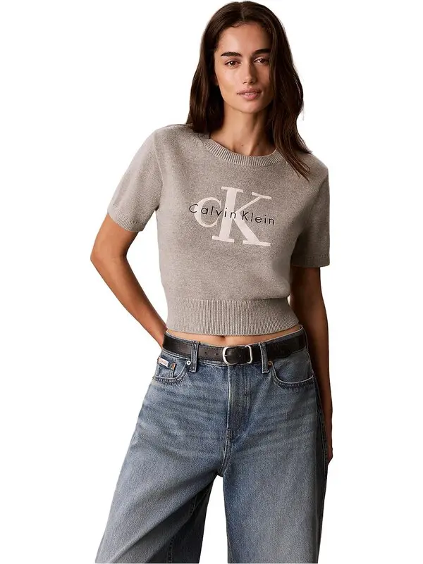Calvin Klein Monologo Embroidered Short Sleeve Sweater - Grey Heather