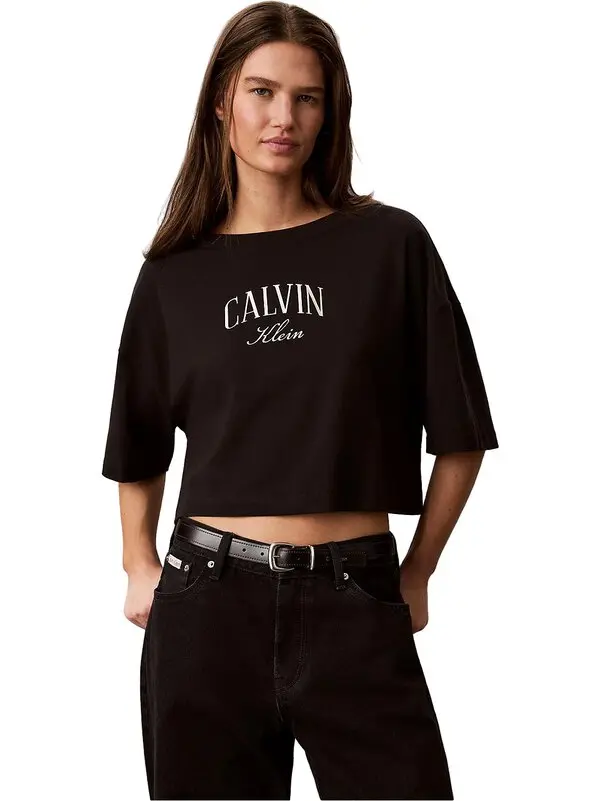 Calvin Klein Boxy Varsity Logo Cropped Tee - Black