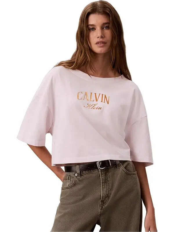 Calvin Klein Boxy Varsity Logo Cropped Tee - Crystal Blush