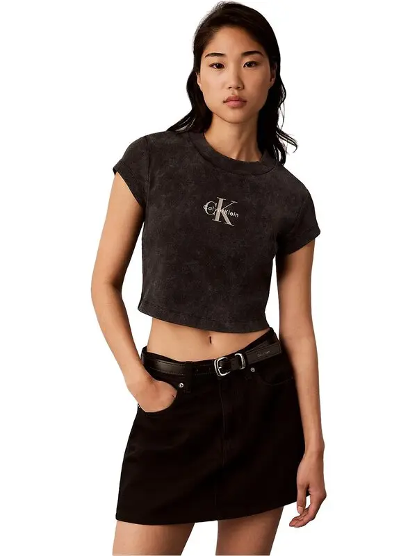 Calvin Klein Monologo Rib Acid Wash Baby Tee - Black