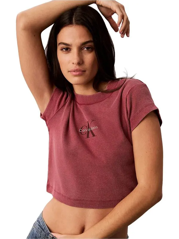 Calvin Klein Monologo Rib Acid Wash Baby Tee - Rhododendron