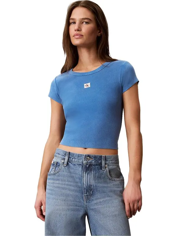 Calvin Klein Woven Monologo Rib Crewneck Cropped Tee - Winter Blue
