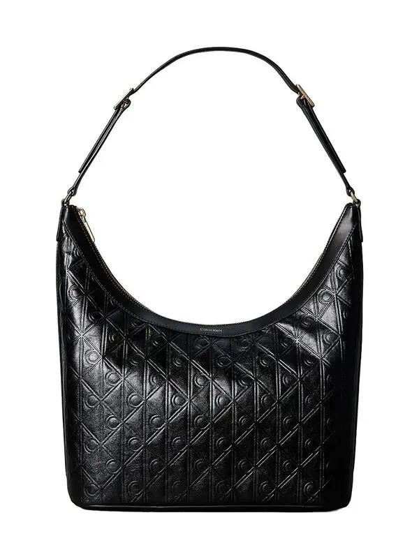 Calvin Klein Debossed Allover Emblem Logo Shoulder Bag - Black