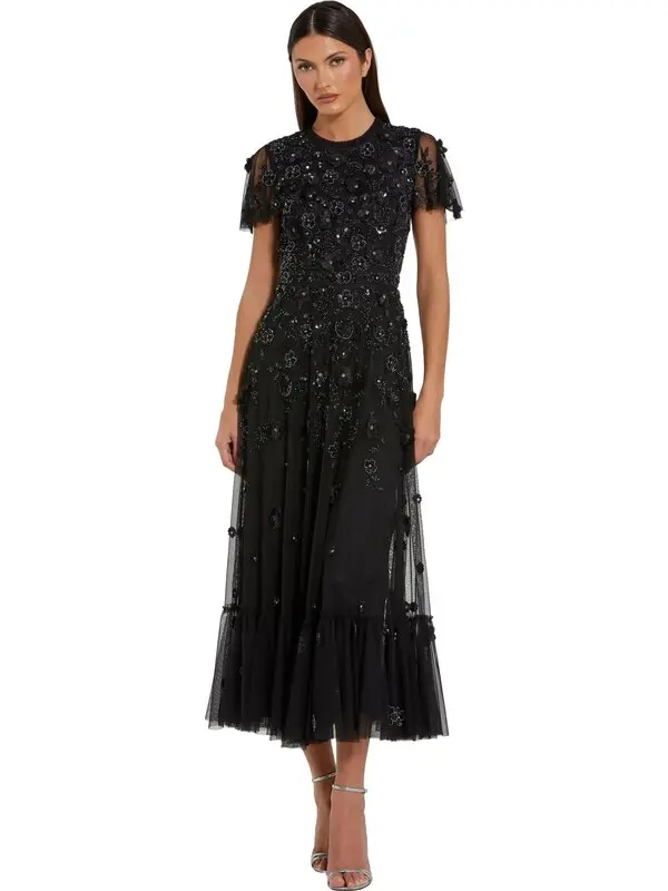 Mac Duggal Petite Embellished High Neck Flutter Sleeve A Line Dress - Black