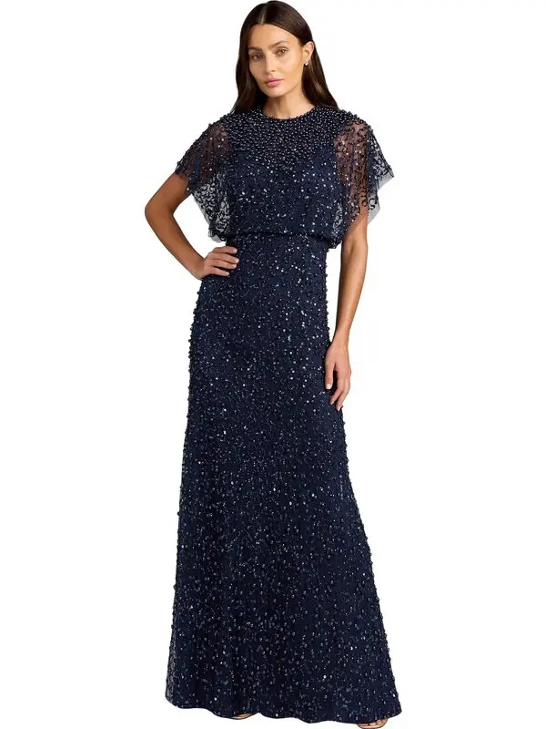 Mac Duggal Embellished High Neck Short Sleeve Gown - Navy