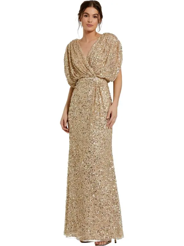Mac Duggal Petite Sequin Draped Sleeve V-neck Gown - Gold